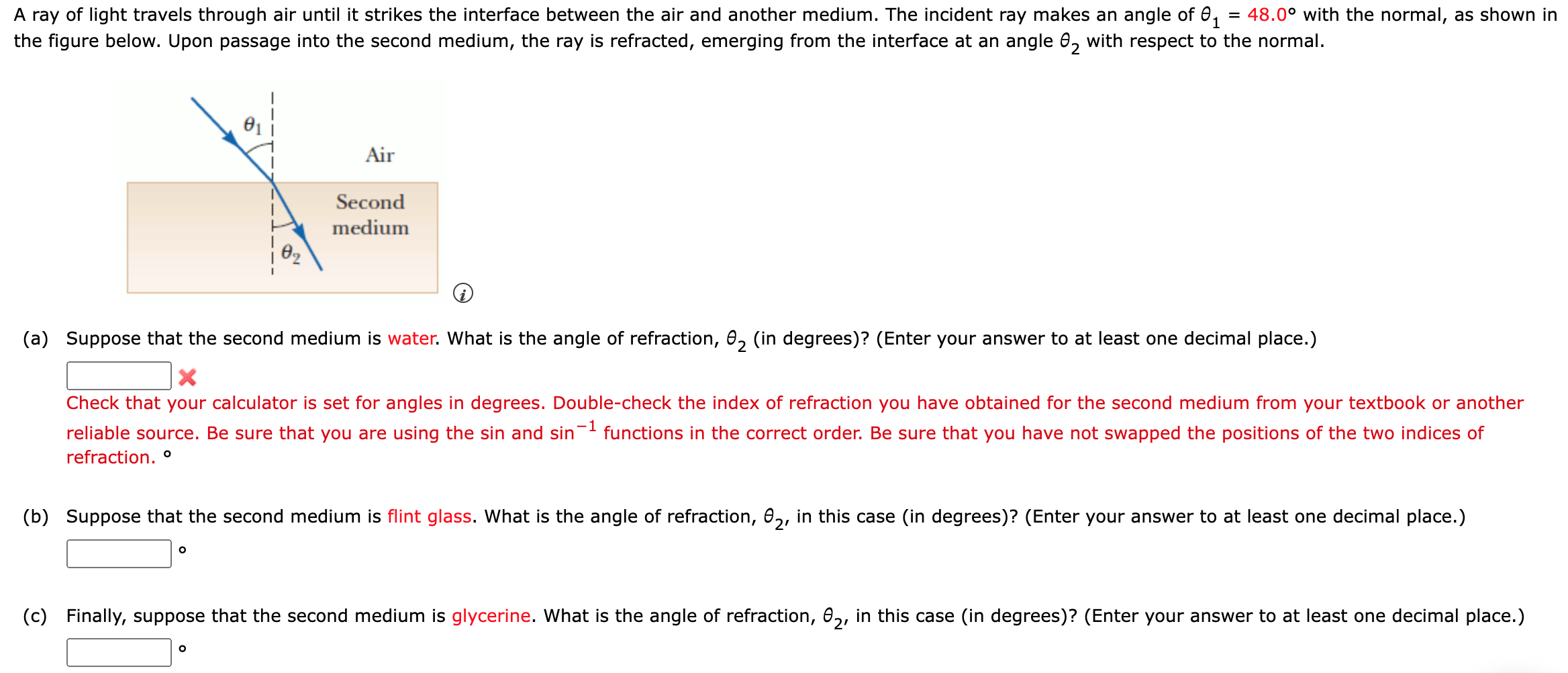 Solved A ray of light travels through air until it strikes | Chegg.com