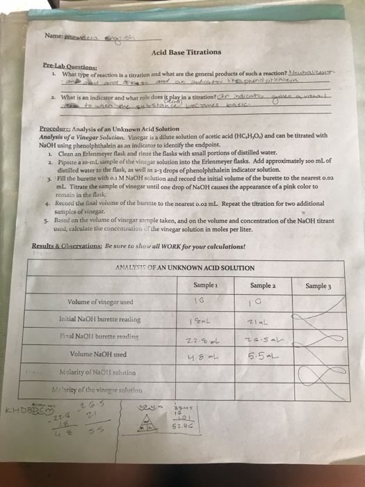 Solved Name: pnisa ioat Acid Base Titrations Pre-Lab | Chegg.com