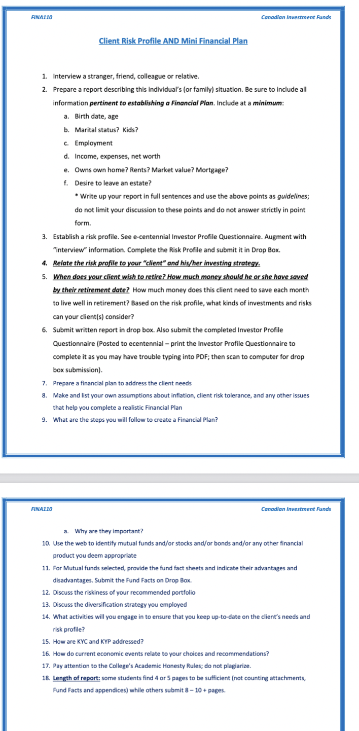 Solved Client Risk Profile AND Mini Financial Plan 1. | Chegg.com