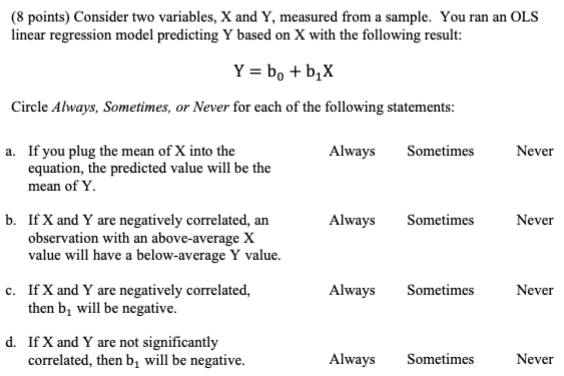Solved (8 points) Consider two variables, X and Y, measured | Chegg.com