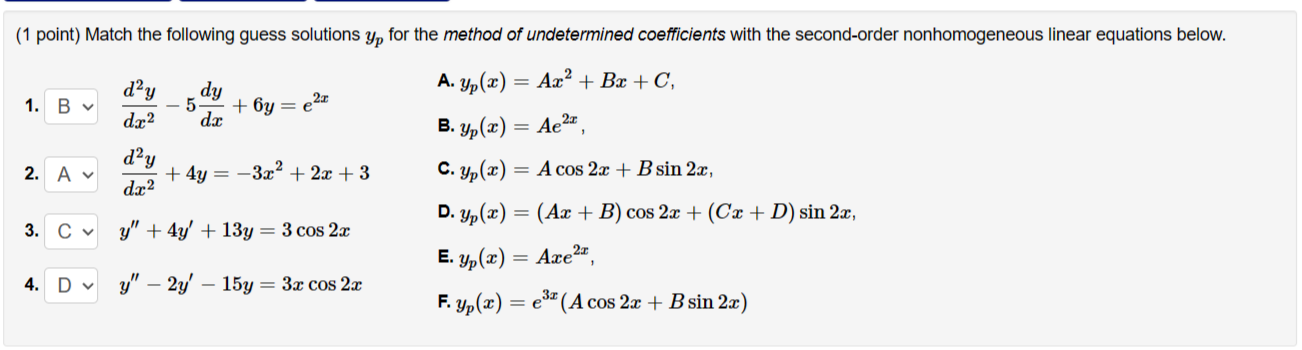 (1 point) Match the following guess solutions yp for | Chegg.com