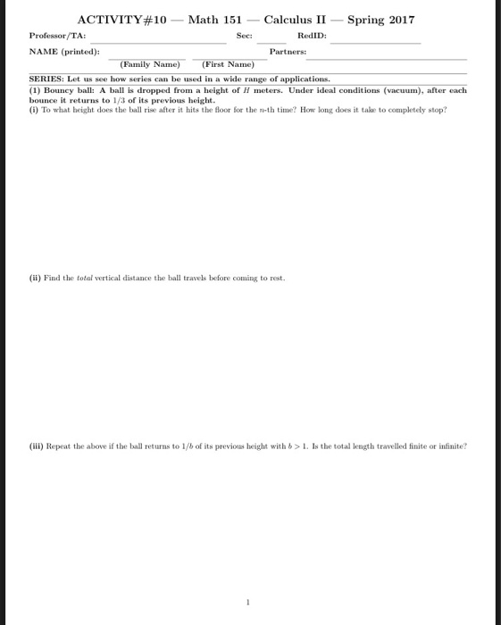 Solved ACTIVITY 11 Math 151 Calculus II Spring 2017 Red IDE | Chegg.com