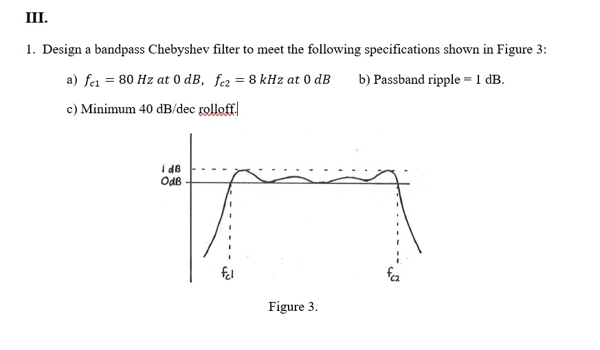 III. 1. Design a bandpass Chebyshev filter to meet | Chegg.com