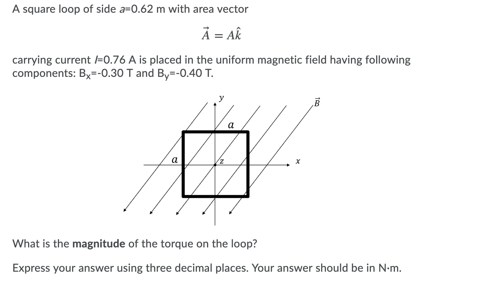 Solved A square loop of side a=0.62 m with area vector Ă= A | Chegg.com