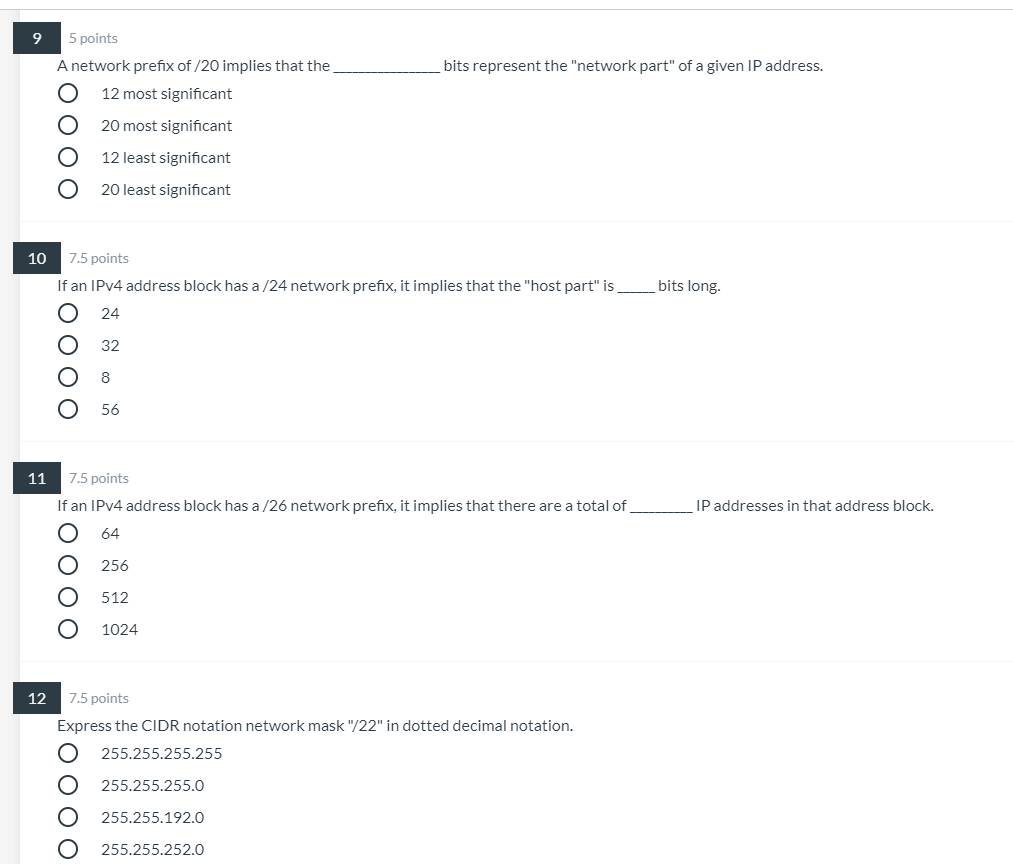 Solved 9 5 points A network prefix of /20 implies that the | Chegg.com