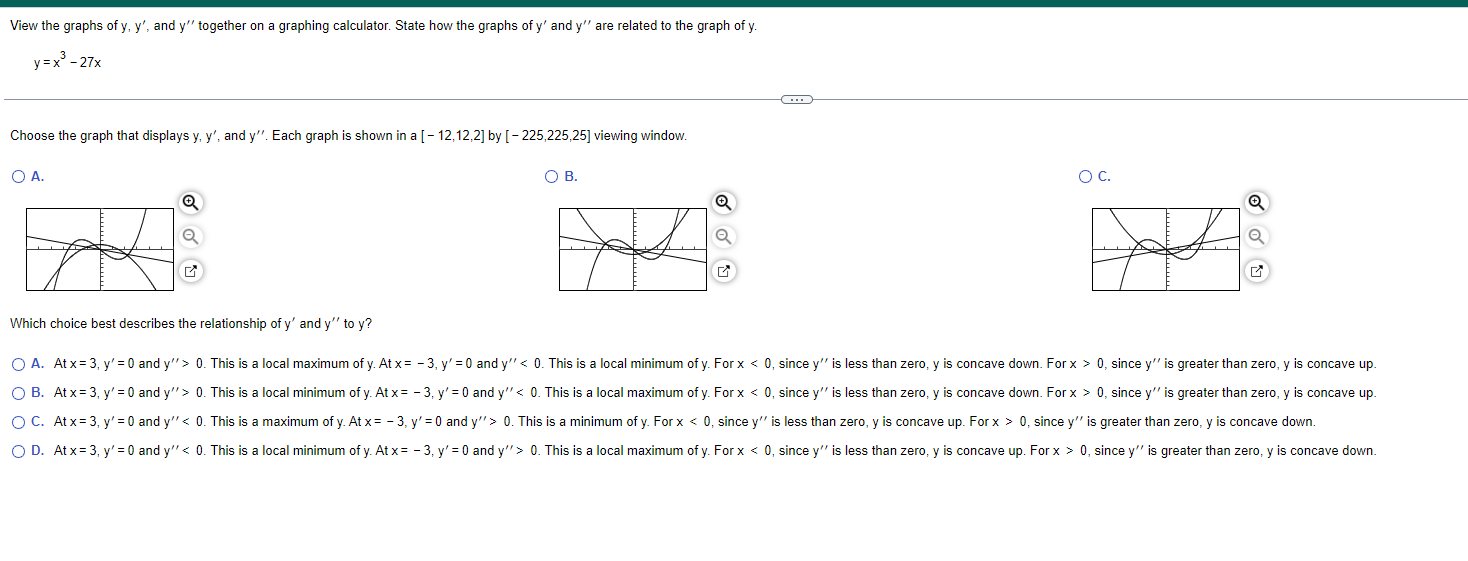 Solved y=x3−27x Choose the graph that displays y,y′, and | Chegg.com