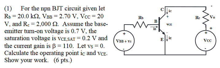 Solved ic + Rb Rc Vo VCE + (1) For the npn BJT circuit given | Chegg.com