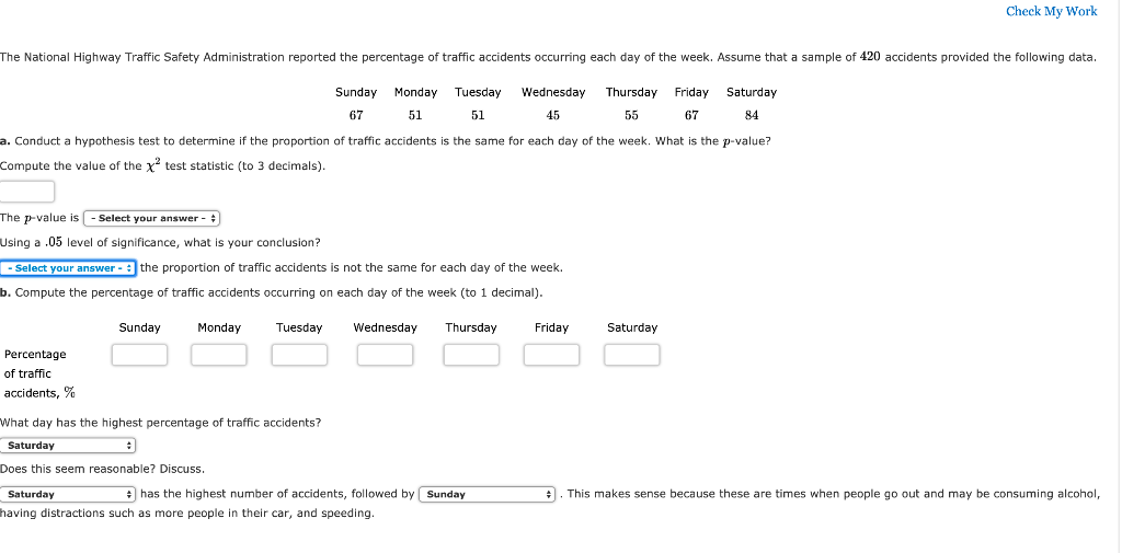 Solved Check My Work The National Highway Traffic Safety | Chegg.com