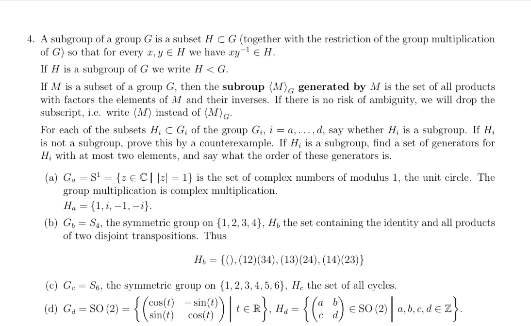 Solved 1. A subgroup of a group G is a subset H⊂G (together | Chegg.com