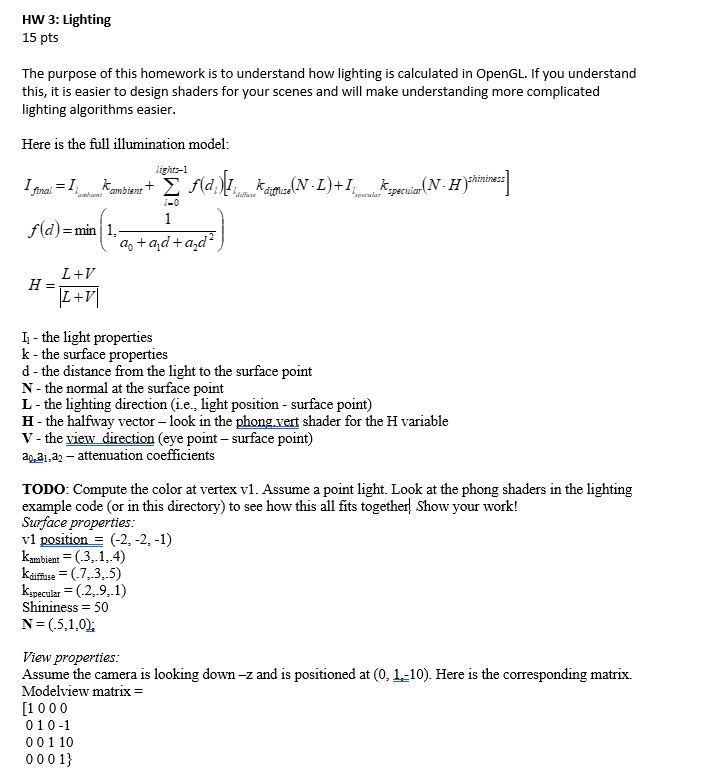 Solved HW 3: Lighting 15 pts The purpose of this homework | Chegg.com