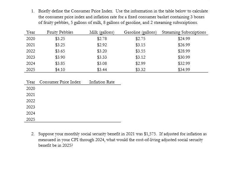 Solved 1. Briefly define the Consumer Price Index. Use the | Chegg.com
