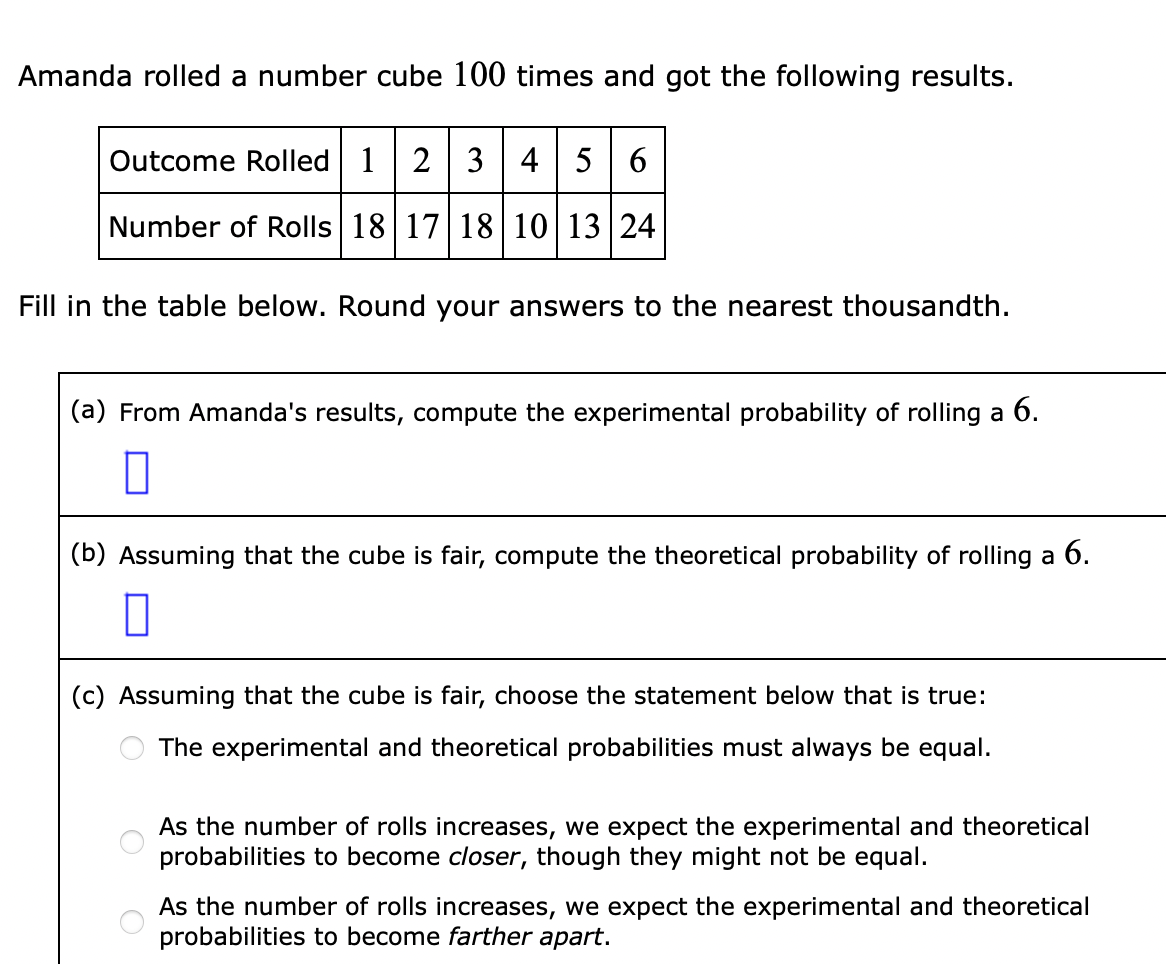 Solved manda rolled a number cube 100 times and got the | Chegg.com