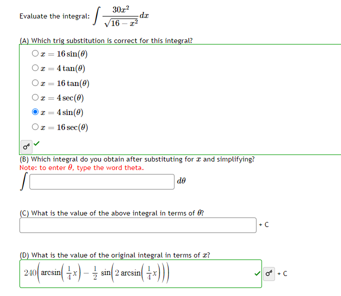 Solved Evaluate the integral: ∫16−x230x2dx (A) Which trig | Chegg.com