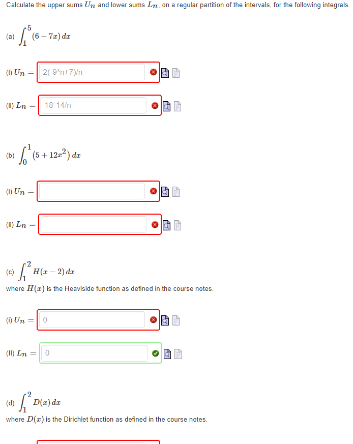 Solved Calculate the upper sums Un and lower sums Ln, on a | Chegg.com