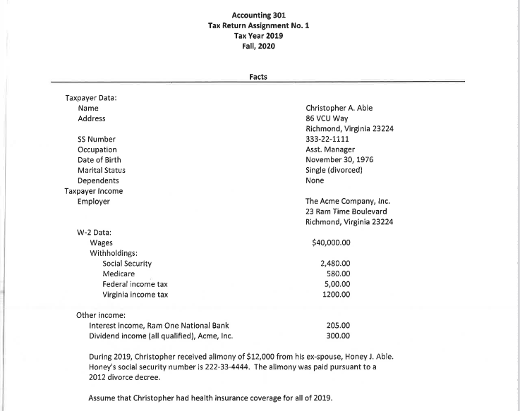 Solved Accounting 301 Tax Return Assignment No. 1 Tax Year | Chegg.com