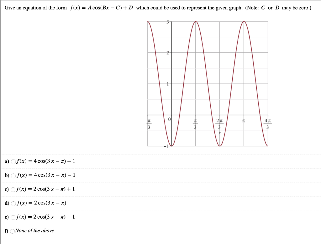Solved Give an equation of the form f(x)=Acos(Bx−C)+D which | Chegg.com