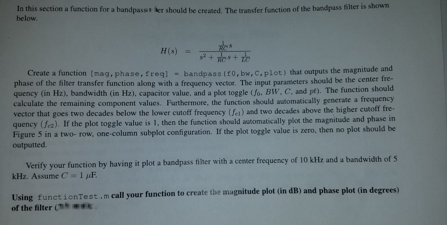 Solved In this section a function for a bandpass a ler | Chegg.com