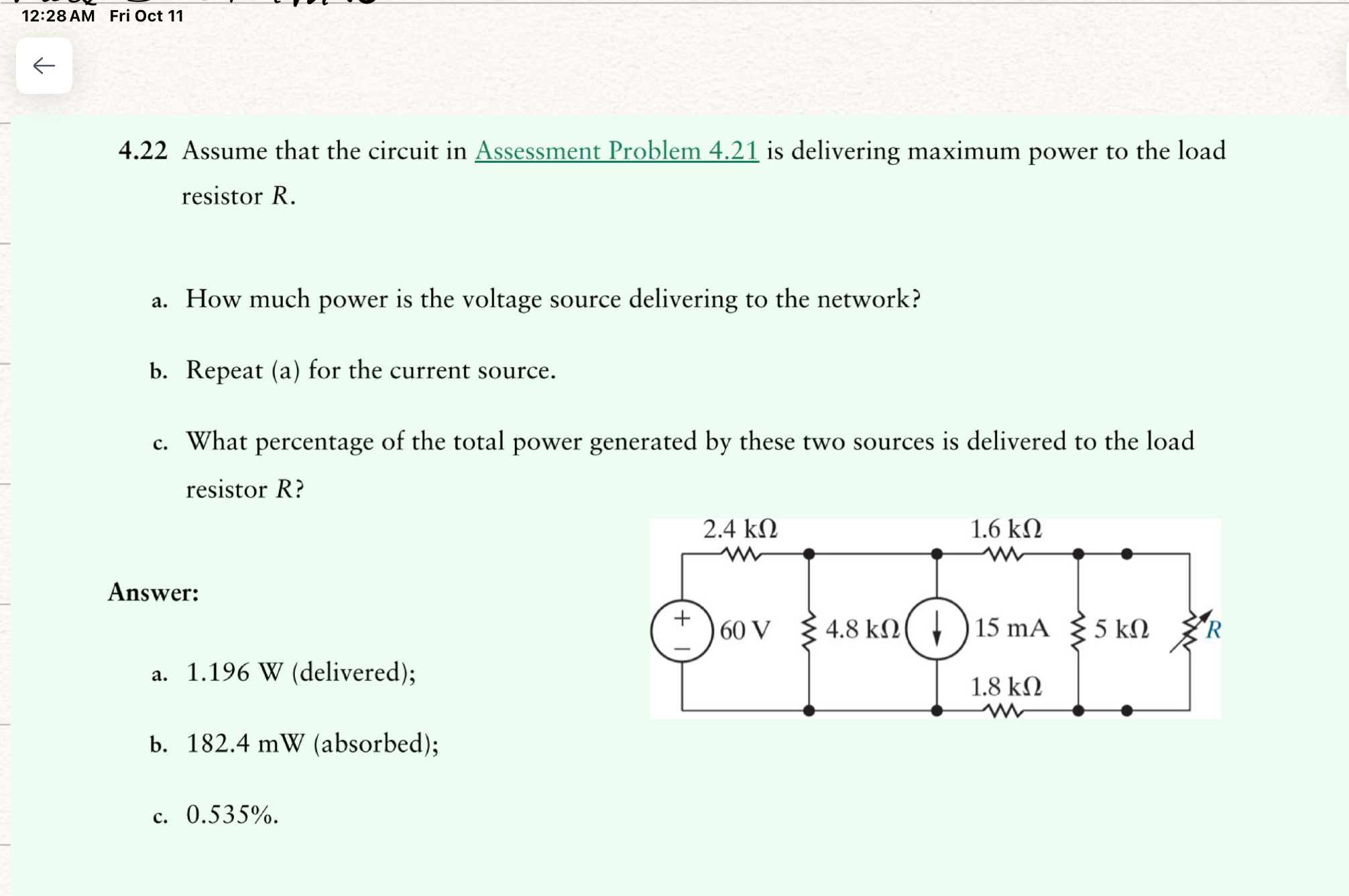 Solved 4.22 ﻿Assume that the circuit in Assessment Problem | Chegg.com