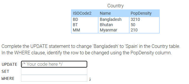 Solved Country Complete the UPDATE statement to change | Chegg.com
