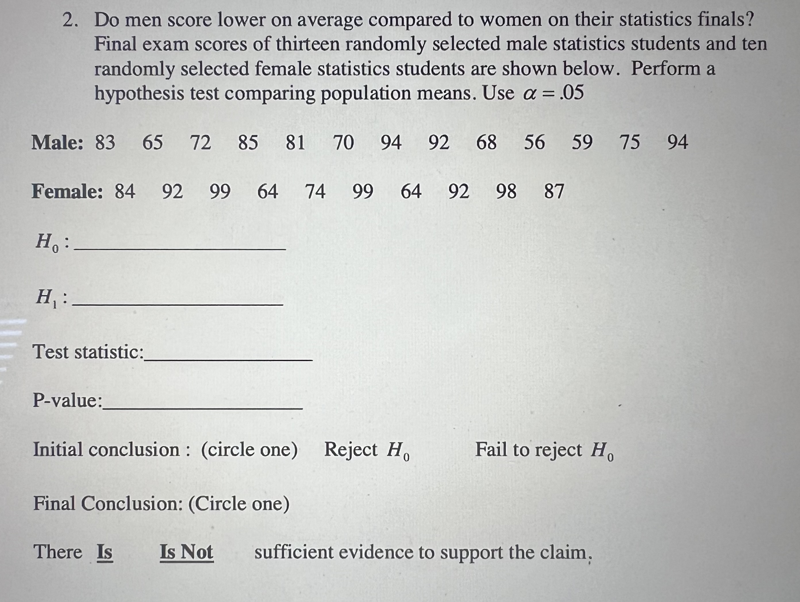 Solved 2 Do Men Score Lower On Average Compared To Women On