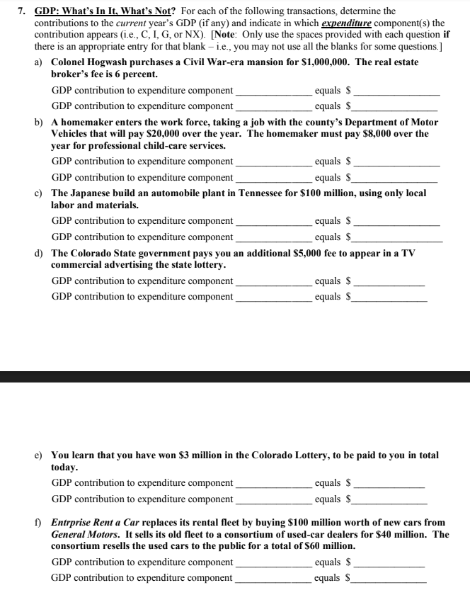 Solved 7. GDP: What's In It, What's Not? For each of the | Chegg.com
