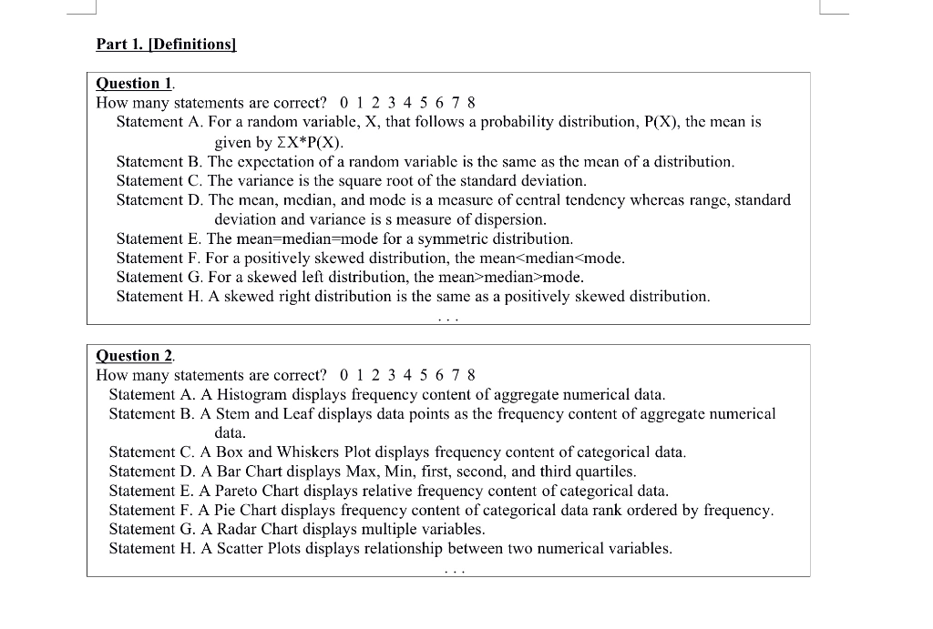 Solved Part 1. [Definitions] Question 1. How many statements | Chegg.com
