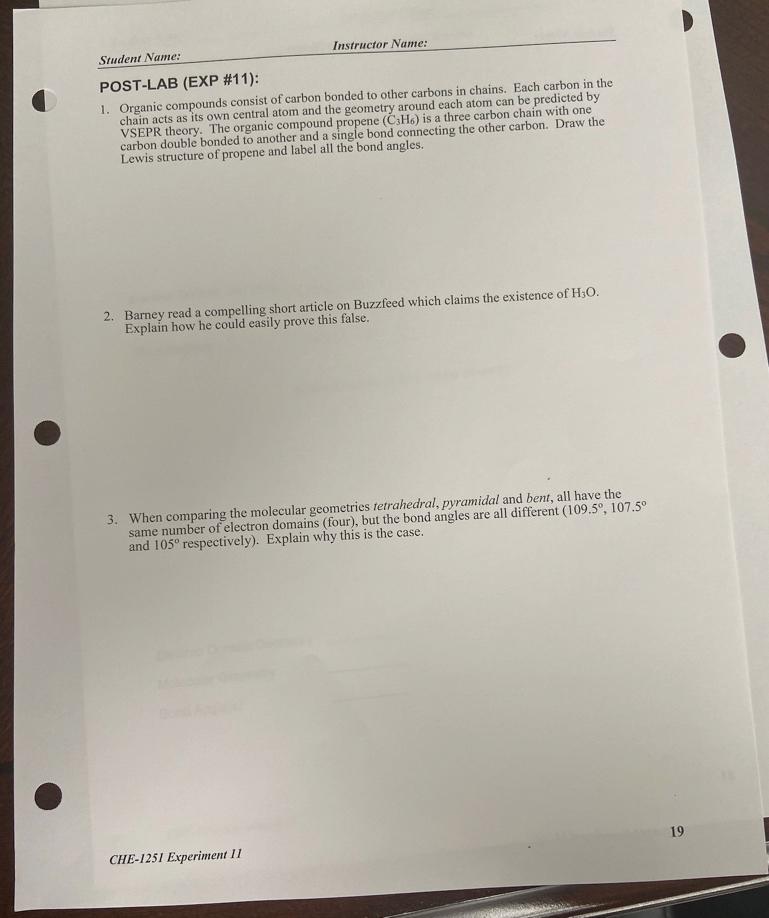 Solved Instructor Name: Student Name: POST-LAB (EXP #11): 1. | Chegg.com