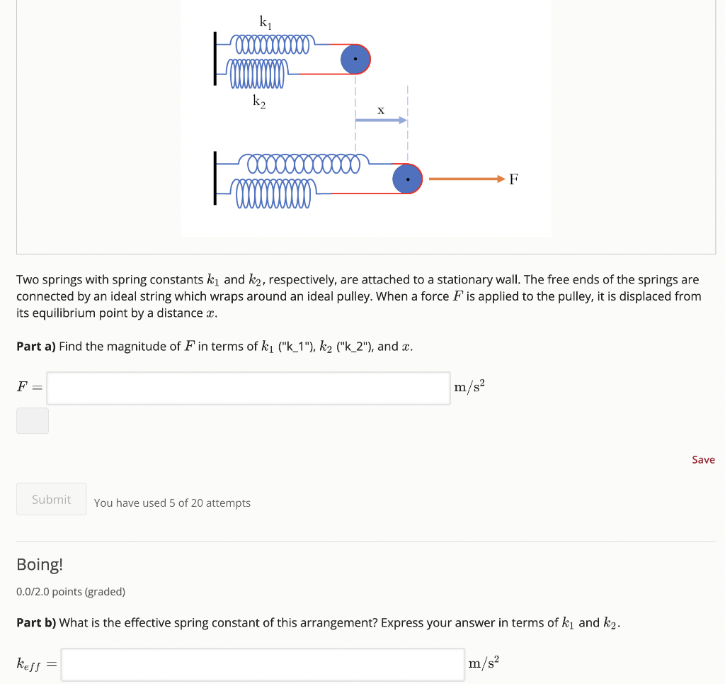Solved Two springs with spring constants k1 and k2, | Chegg.com Solved Two springs with spring constants k1 and k2, | Chegg.com