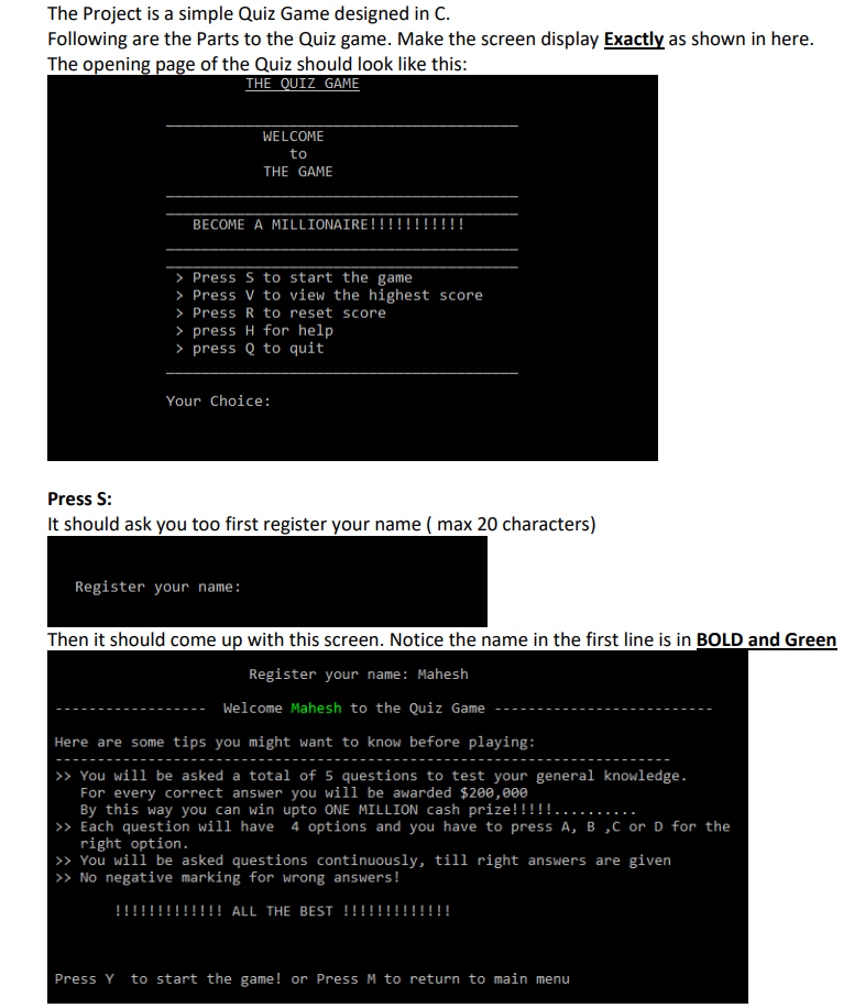 Solved The Project Is A Simple Quiz Game Designed In C 