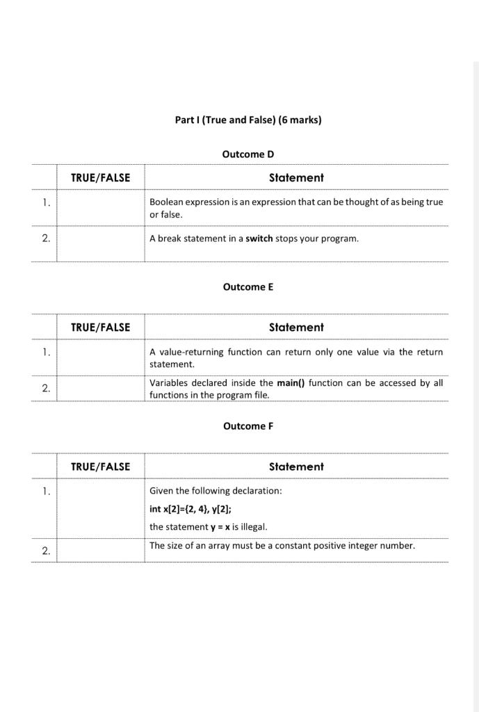 Solved Part I (True and False) ( 6 marks) Outcome E Outcome | Chegg.com