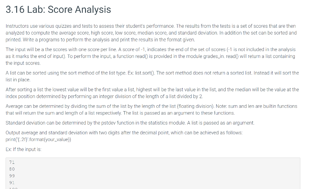 Solved 3.16 Lab: Score Analysis Instructors use various | Chegg.com