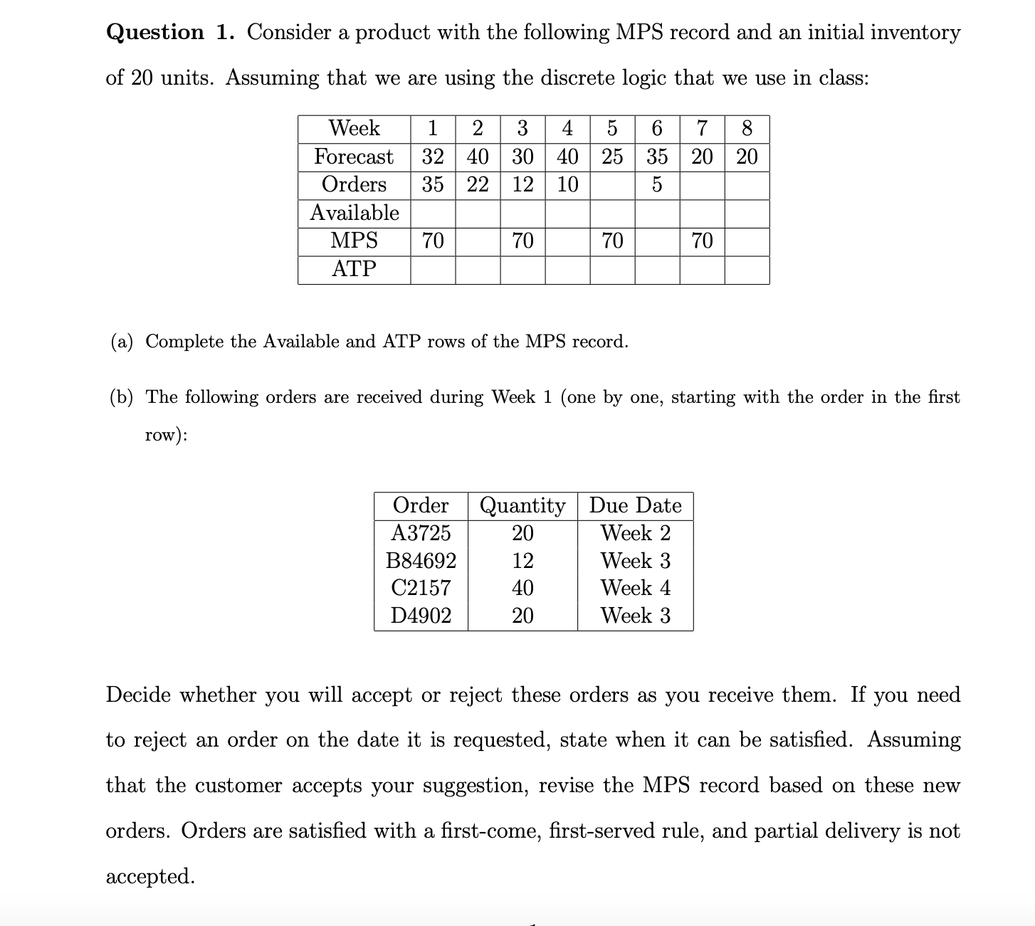 Solved Question 1. ﻿Consider a product with the following | Chegg.com