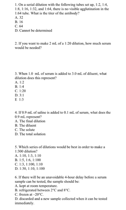 Solved 1. On a serial dilution with the following tubes set | Chegg.com