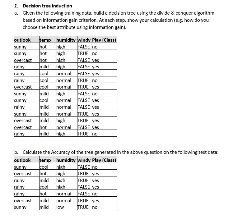 Solved 1. Decision tree induction a. Given the following | Chegg.com