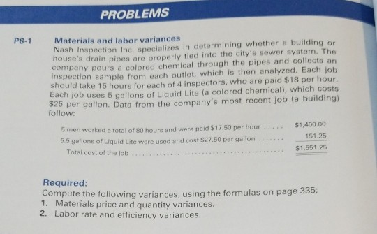 Solved PROBLEMS P8-1 Materials and labor variances Nash | Chegg.com