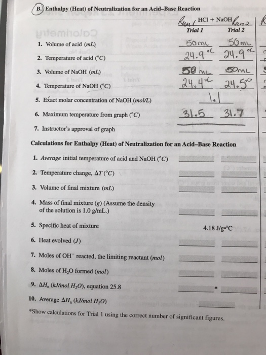 Solved B.) Enthalpy (Heat) of Neutralization for an | Chegg.com