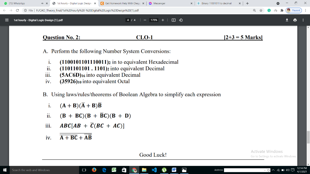 Solved B. Using laws/rules/theorems of Boolean Algebra to | Chegg.com