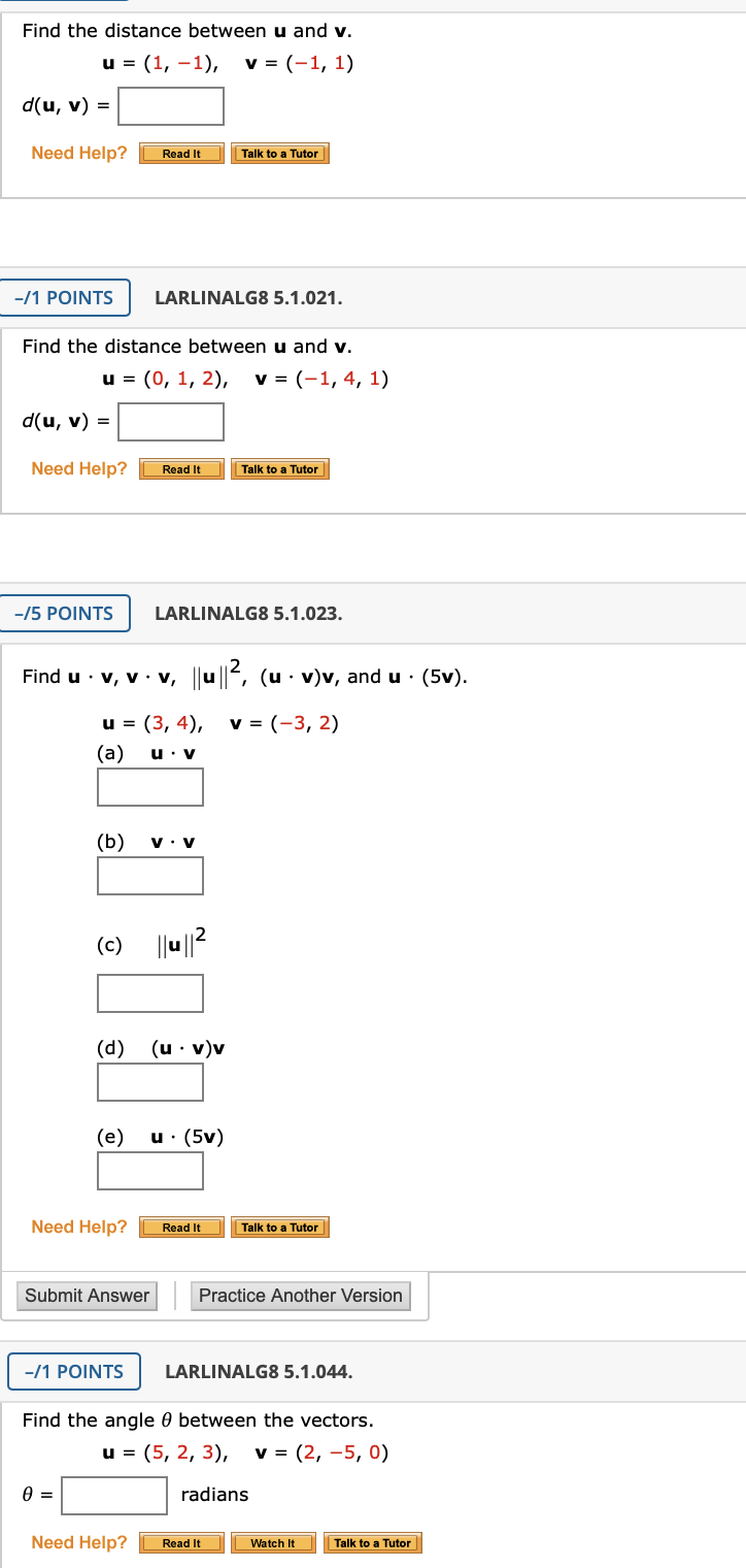 Solved Find the distance between u and v. u = (1, -1), v = | Chegg.com