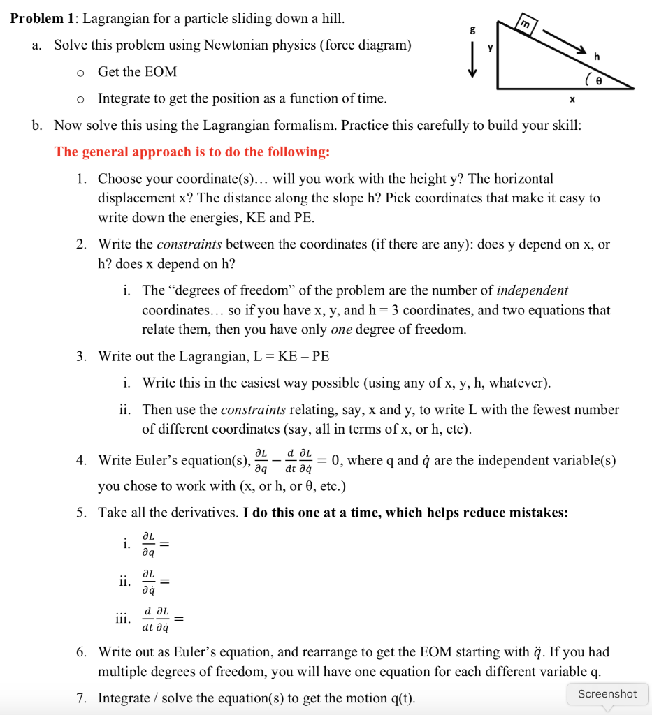 Solved ho - (0 Problem 1: Lagrangian for a particle sliding | Chegg.com