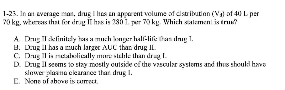 Solved 1-23. In an average man, drug I has an apparent | Chegg.com