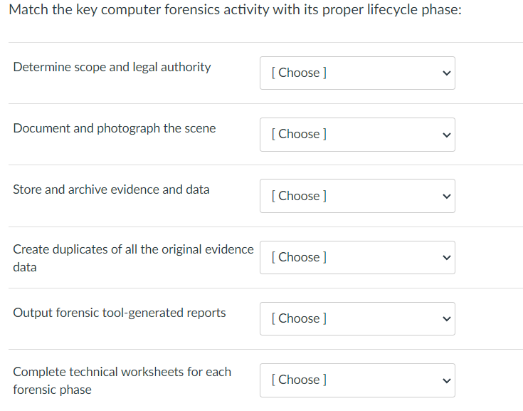 Solved Match the key computer forensics activity with its | Chegg.com