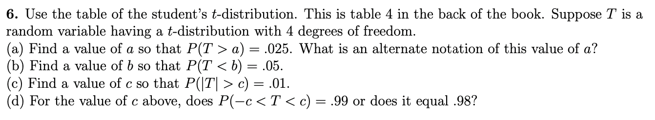 Solved = 6. Use the table of the student's t-distribution. | Chegg.com