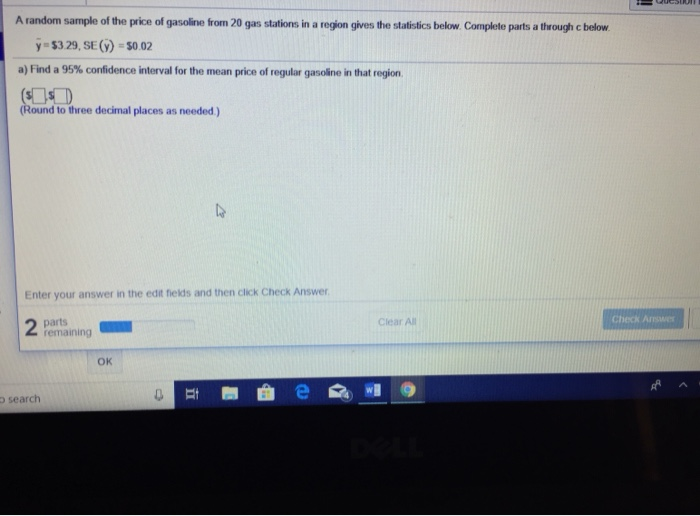 Solved A random sample of the price of gasoline from 20 gas | Chegg.com