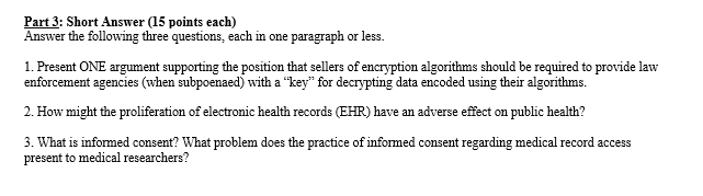 Solved Part 3: Short Answer (15 points each) Answer the | Chegg.com