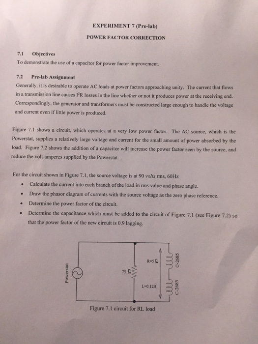 Solved EXPERIMENT 7 (Pre-lab) POWER FACTOR CORRECTION 7.1 | Chegg.com