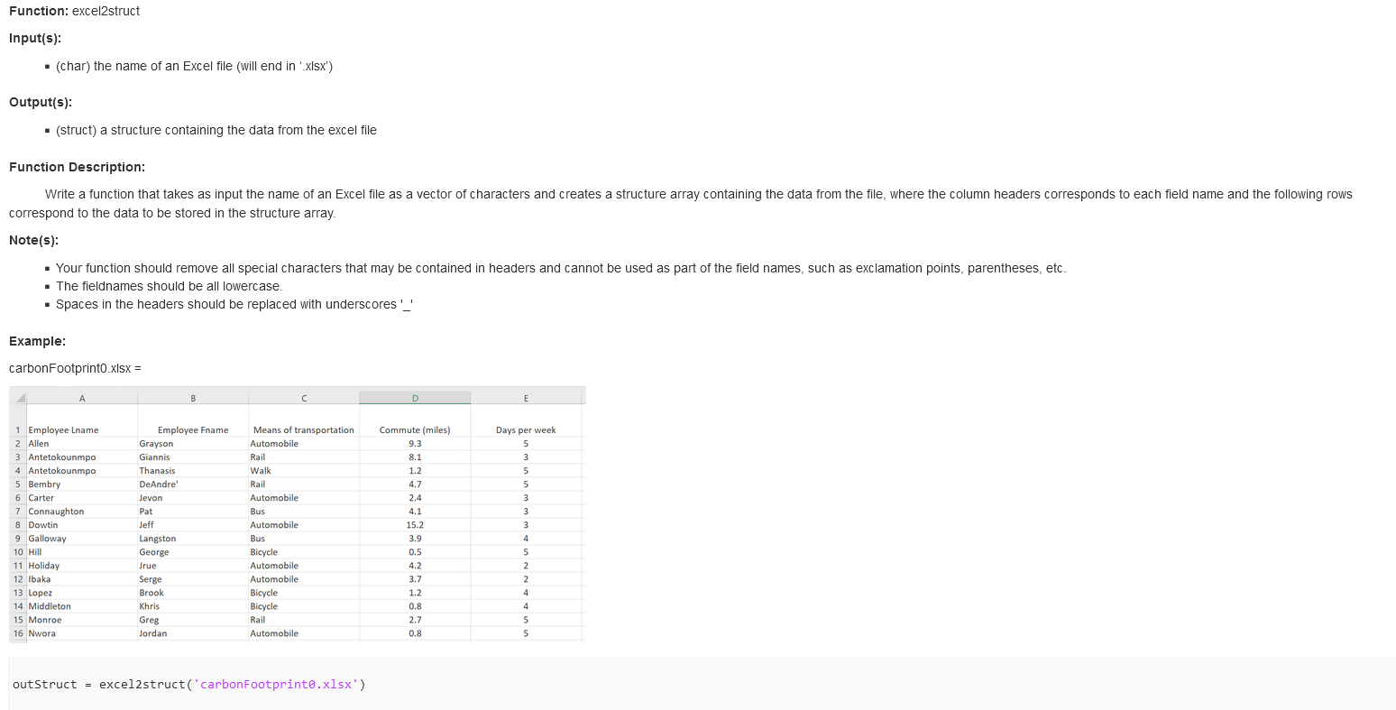 Solved Function: excel2struct Input(s): - (char) the name of | Chegg.com