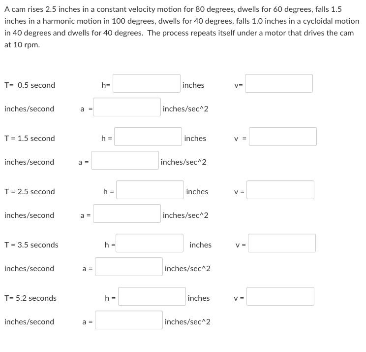 Solved A cam rises 2.5 inches in a constant velocity motion | Chegg.com