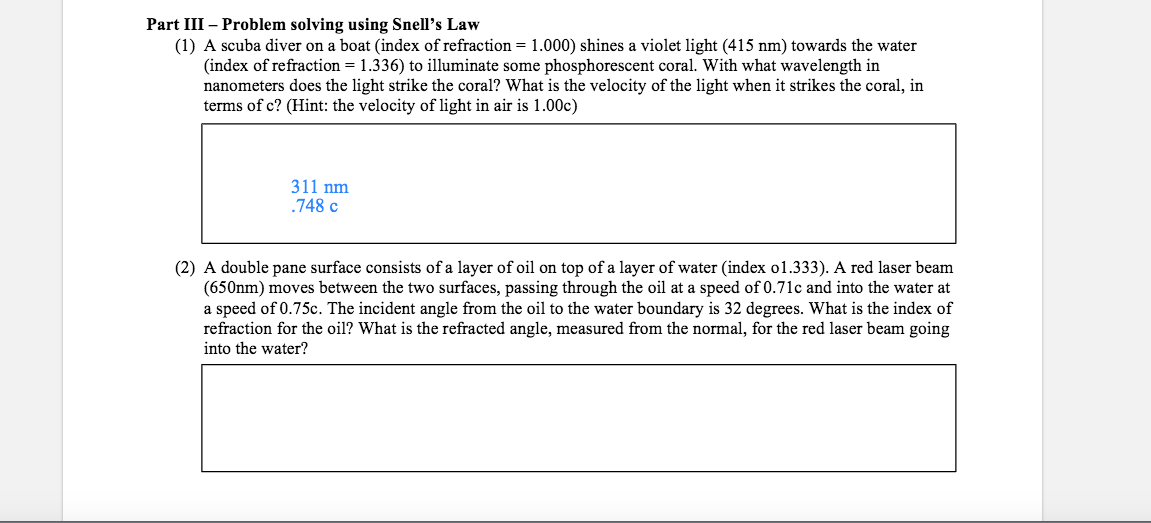 Solved Part III - Problem solving using Snell's Law (1) A | Chegg.com