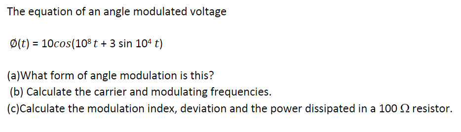 Solved The equation of an angle modulated voltage | Chegg.com