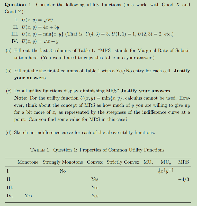 Solved Question 1 Consider the following utility functions | Chegg.com